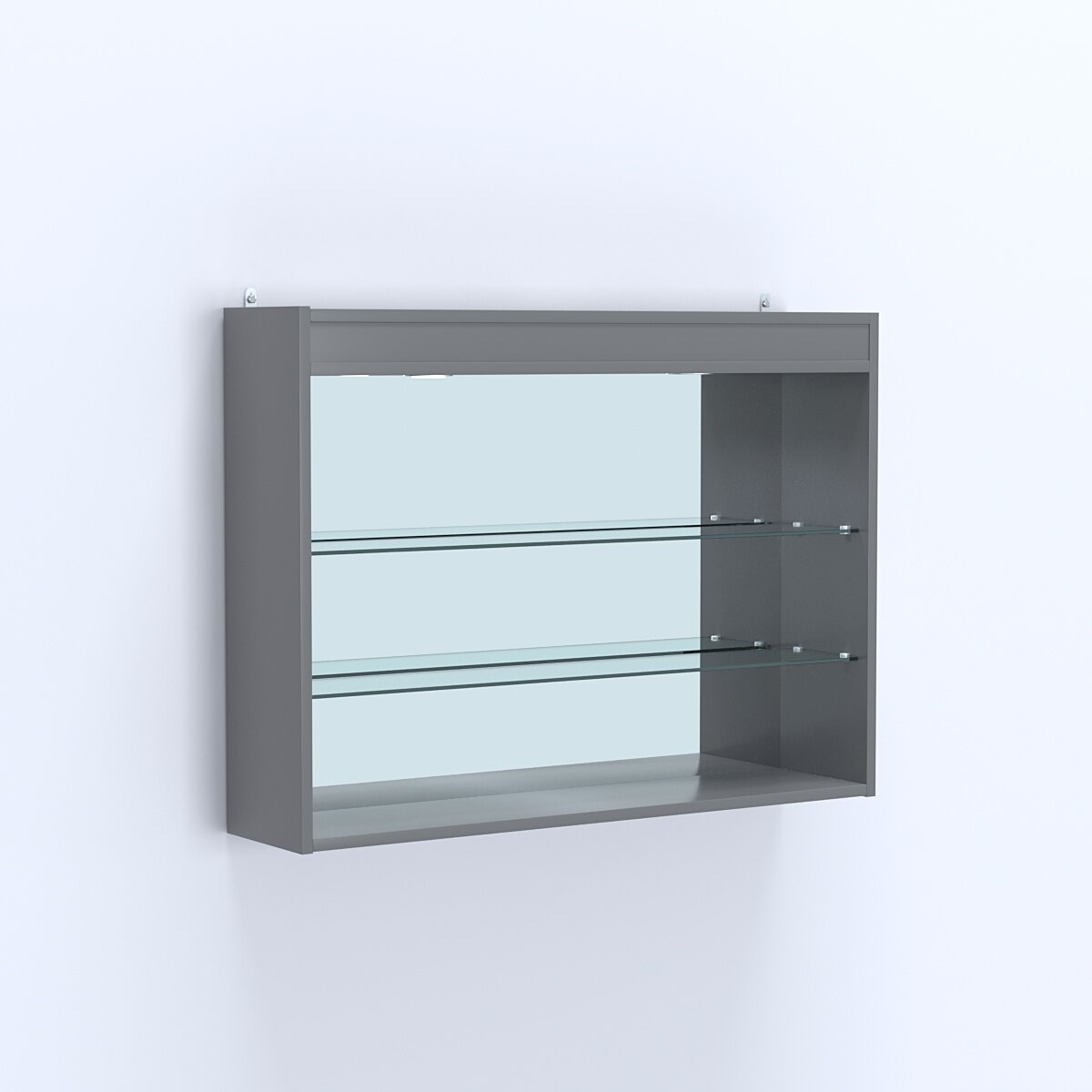 Витрина настенная №203-4Г зеркальная без дверей со стеклянными полками и верхней подсветкой, Темно-Серый