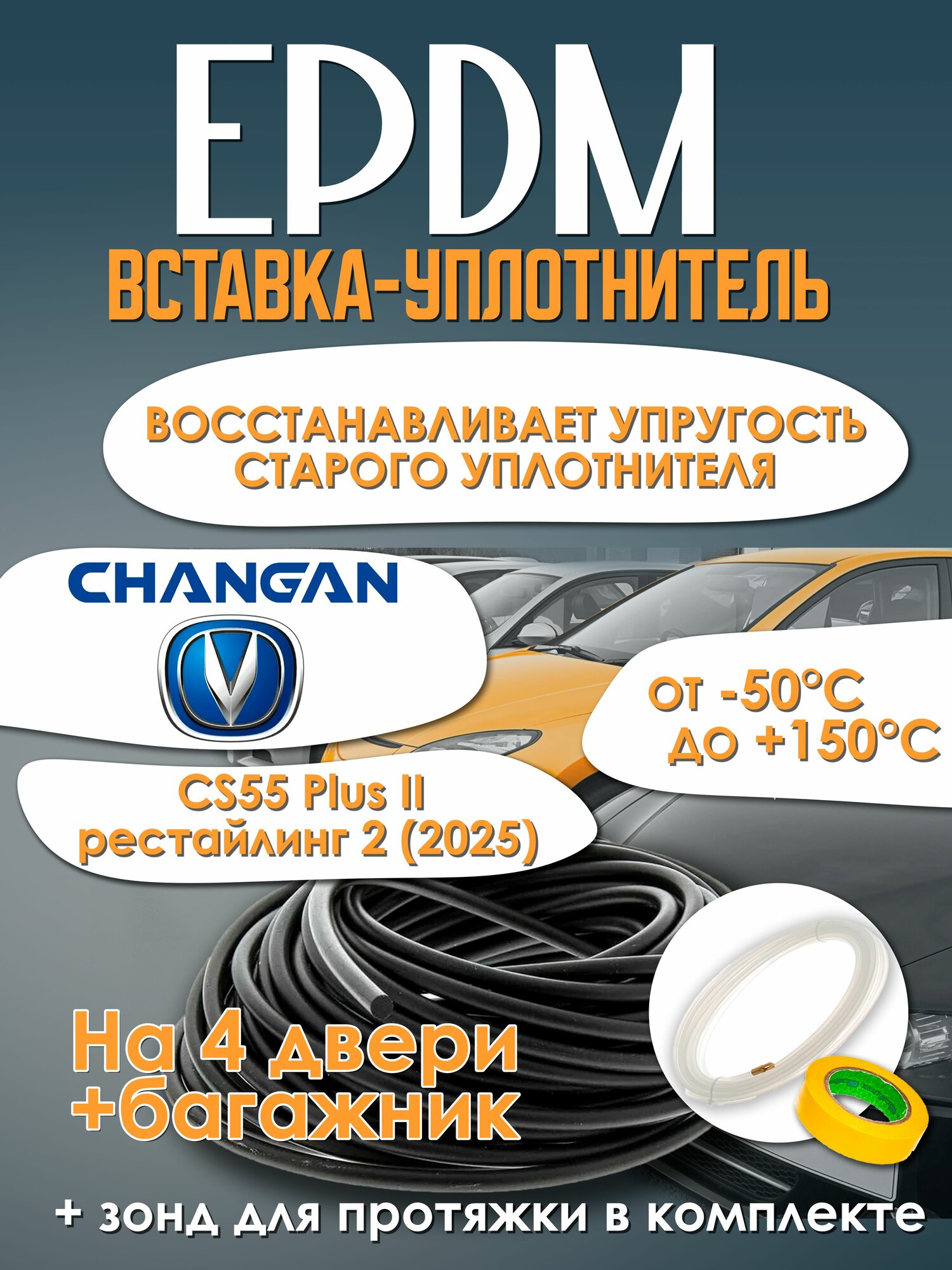 EPDM вставка-уплотнитель для дверей автомобиля Changan CS55 Plus II рестайлинг 2 (2025) / Чанган ЦС55 Плюс 2 поколение рестайлинг 2