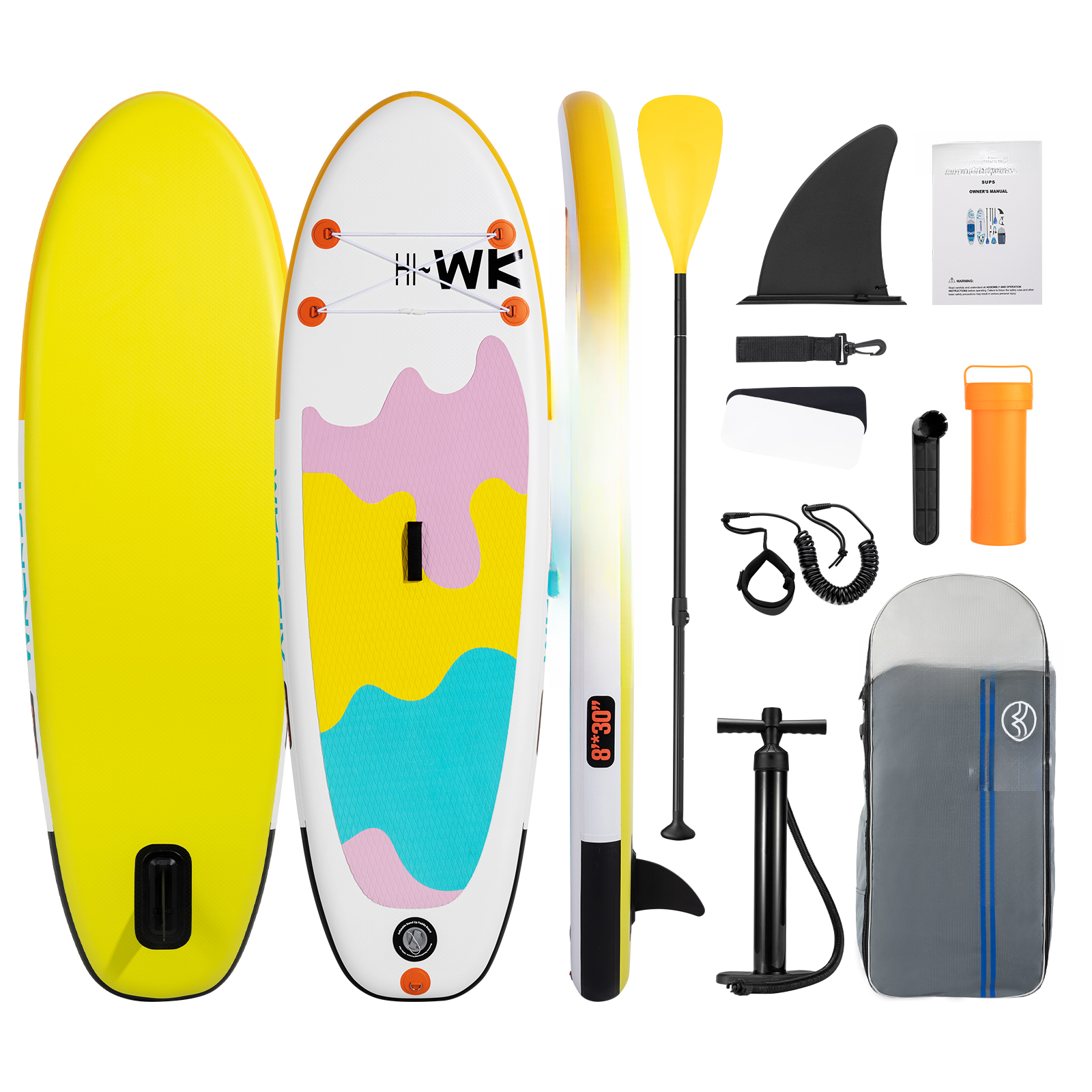 Надувная доска для серфинга стоя для детей 8'x30'x6' с веслом, насосом, рюкзаком, поводком, набором для ремонта, плавником, держателем для весла и инструкцией по эксплуатации