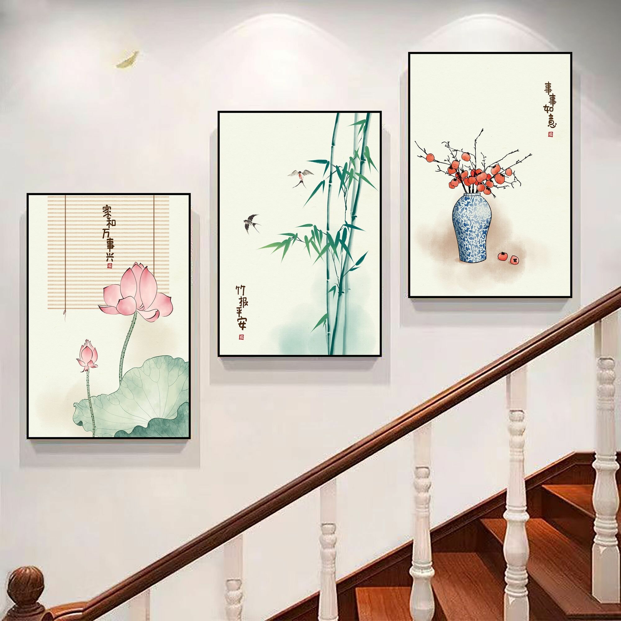 Декоративная живопись для лестницы SG, триптих, настенное искусство, ресторанная настенная живопись, высококачественная квадратная живопись в китайском стиле, триптих для детской комнаты, картина в рамке