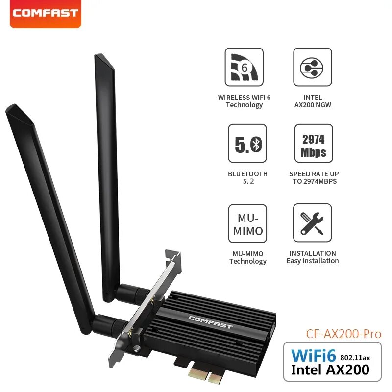 Беспроводной адаптер COMFAST 3000 Мбит/с Wi-Fi 6 PCIE, двухдиапазонная сетевая карта Wi-Fi 2,4G/5G, адаптер Wi-Fi Bluetooth 5,0, Intel AX200