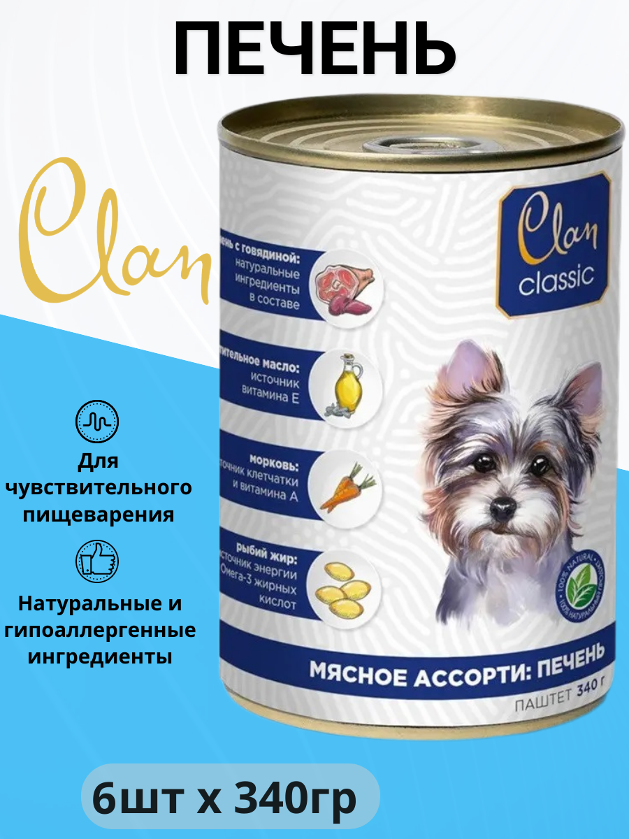 Корм консервированный CLAN CLASSIC мясное ассорти для любых собак, с печенью 6 шт х 340г