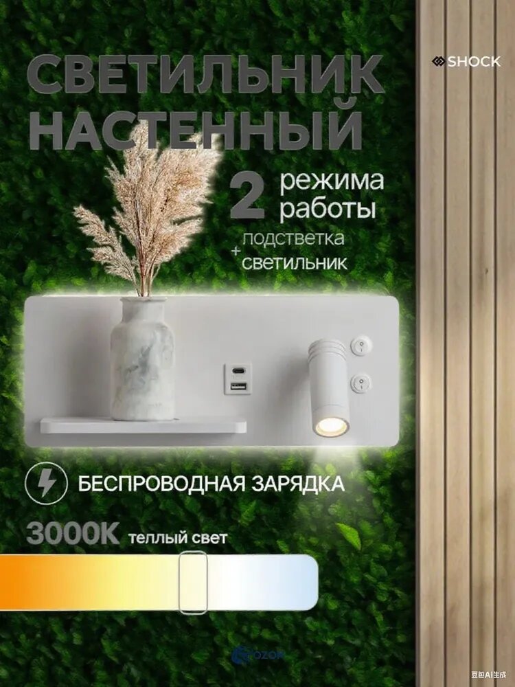 Настенный светильник SHOCK LED с беспроводной зарядкой, 2 режима работы, теплый свет