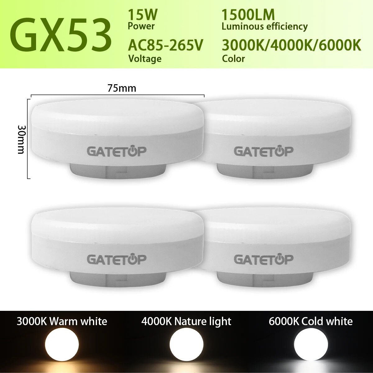 Gatetop LED GX53 15Вт, 6000K, Cold white