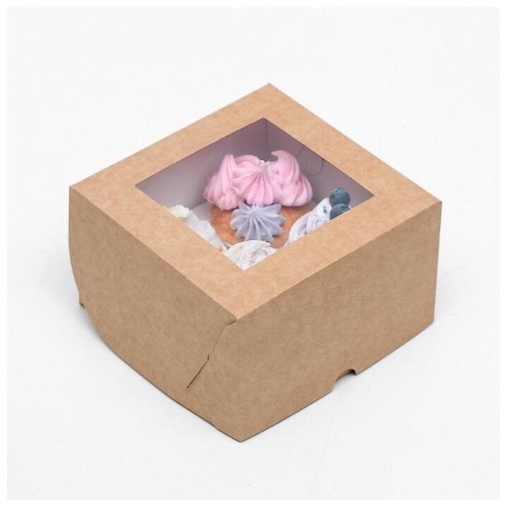 Комплект 50 шт. Коробка на 4 капкейка с окном Крафт (размер:17х17х10 см)