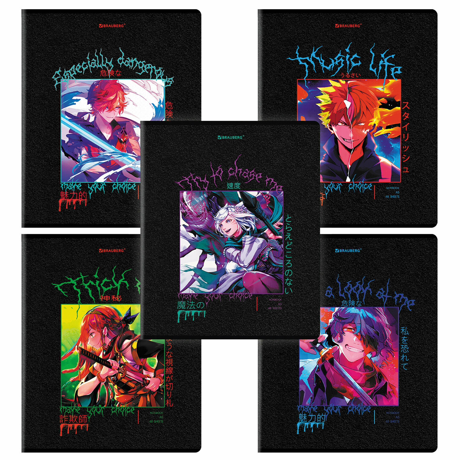 Тетрадь А5, 48 л. BRAUBERG, скоба, клетка, глянцевый лак, "Anime" (микс в спайке), 404348 (цена только за 1 шт.)