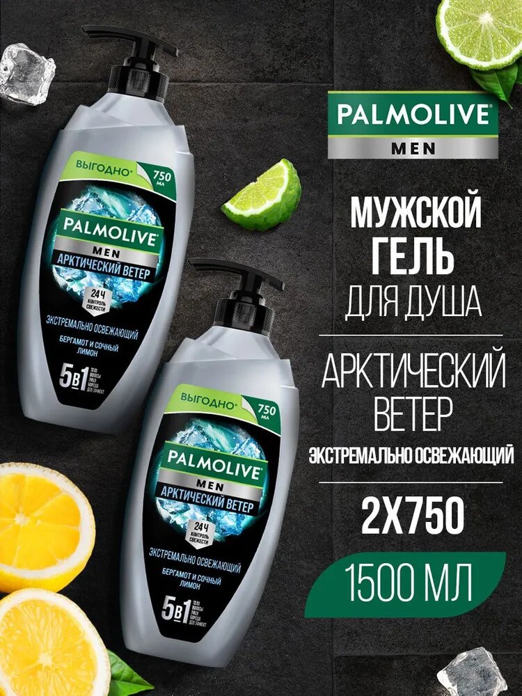 Парфюмированный гель для душа Palmolive Мужской /Men Арктический Ветер Экстремально Освежающий 5 в 1, 750 мл, 2 шт