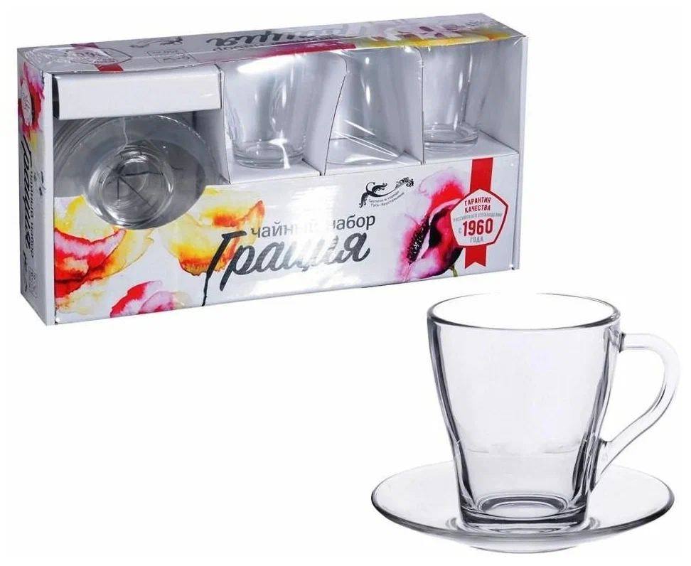 Чайный сервиз "Грация" ОСЗ, прозрачный, 12 предметов, 6 чашек и блюдец, 6 персон