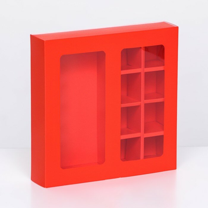 Коробка для 8 конфет + шоколад, с окном, алая, 17.7×17.7×3.8 см, 2 шт.