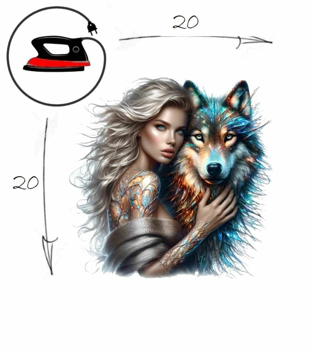 Термотрансфер "Девушка и волк", наклейка на одежду, 20х20