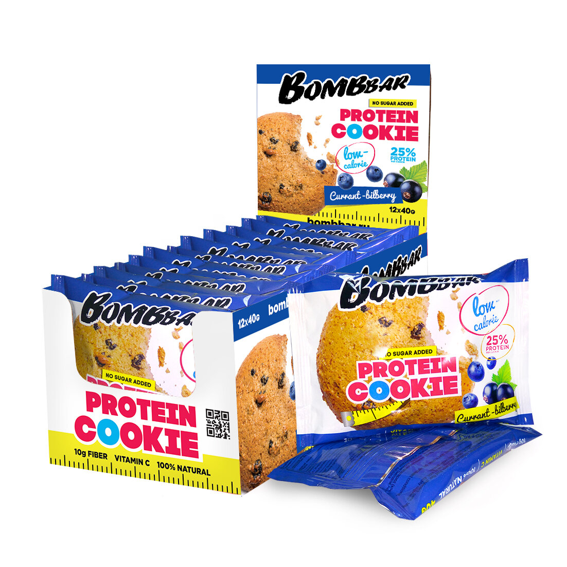 Протеиновый батончик BombBar Protein cookie 12 х 40 г, Смородина - Черника