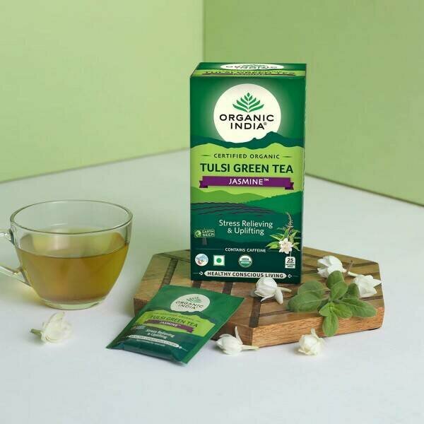 TULSI JASMINE GREEN TEA, Organic India (Тулси зеленый чай с Жасмином, антистресс и свежесть, Органик Индия), 25 пакетиков.