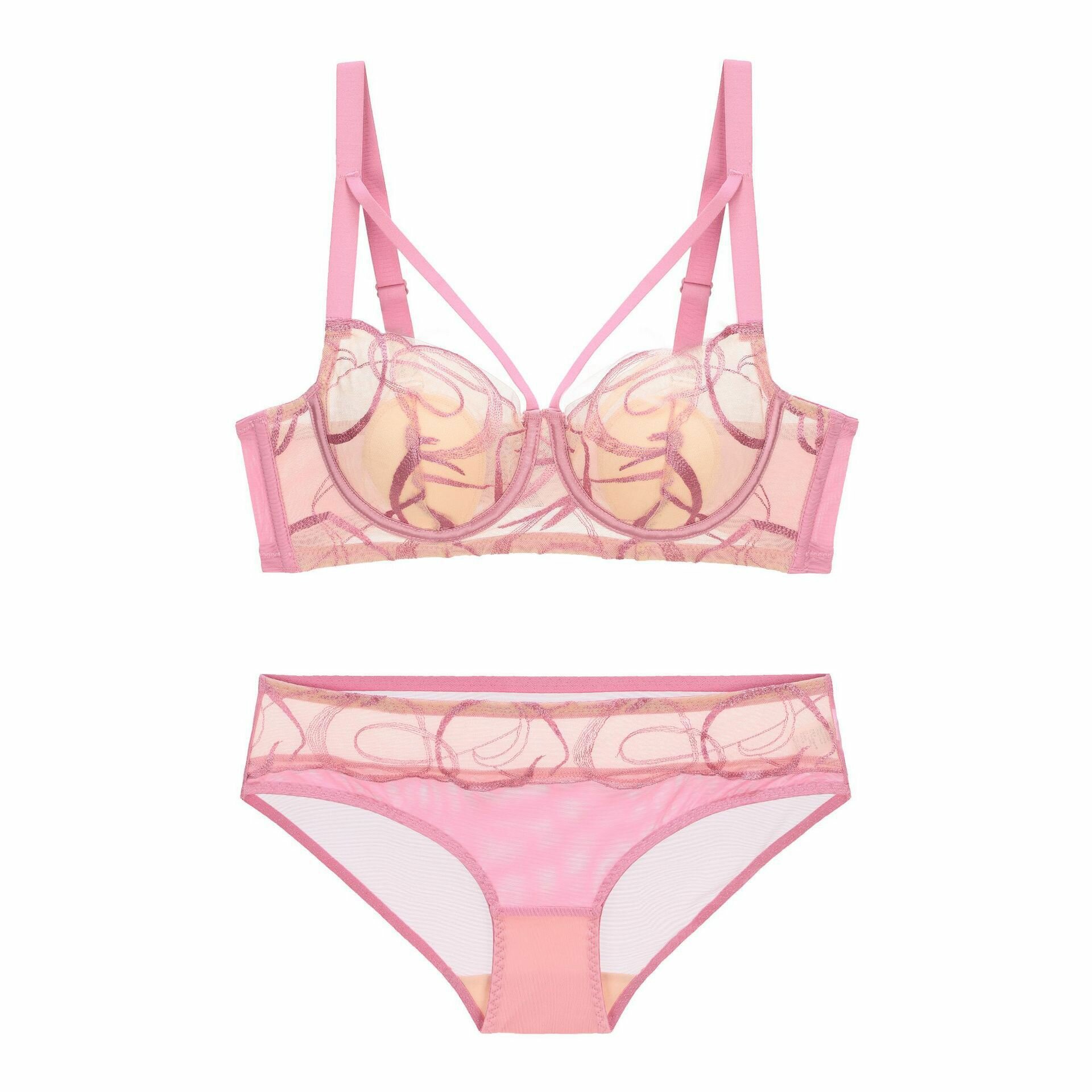 Нижнее белье во французском стиле, женственный комплект из кружева и бюстгальтера с вышивкой тушью, тонкий хлопок, чашечки с «заячьими ушками», выгодно подчеркивает большую грудь. Розовый.