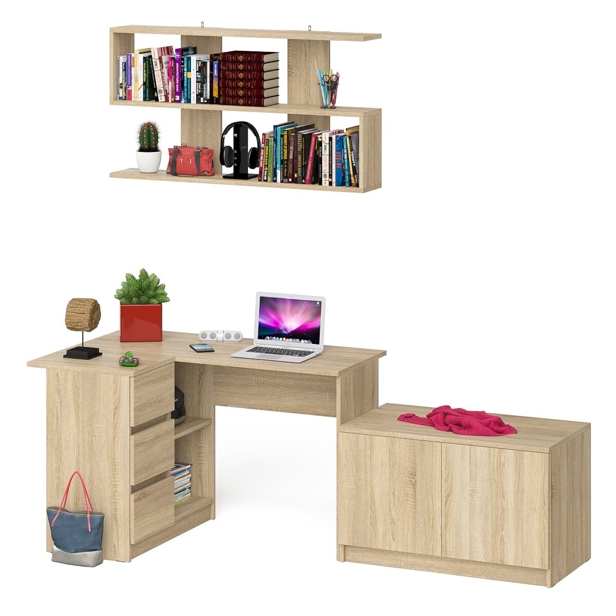Стол компьютерный Мори МС-16 левый + Тумба МА900.1 + Полка 1200, цвет дуб сонома
