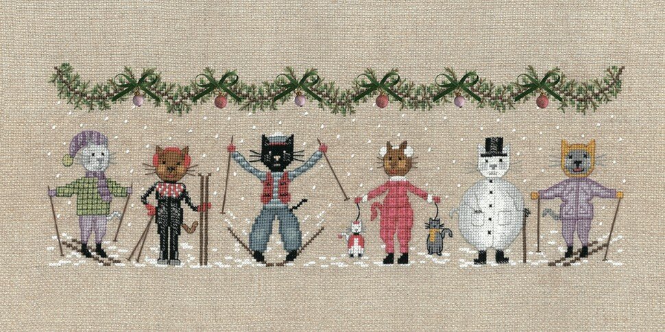 Набор для вышивания Le Bonheur des Dames #2676 Frieze Skiing Cats (Котики-лыжники), Счетный крест, 32 х 11 см