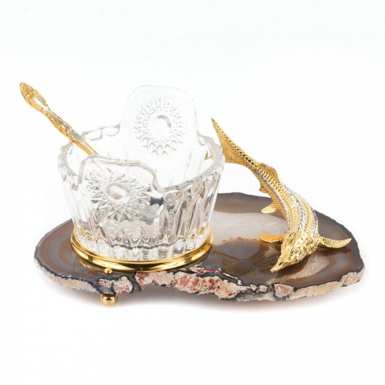 Икорница "Стерлядка" агат (Златоустовская гравюра, 17x12x8.5см, вес 0.94кг)