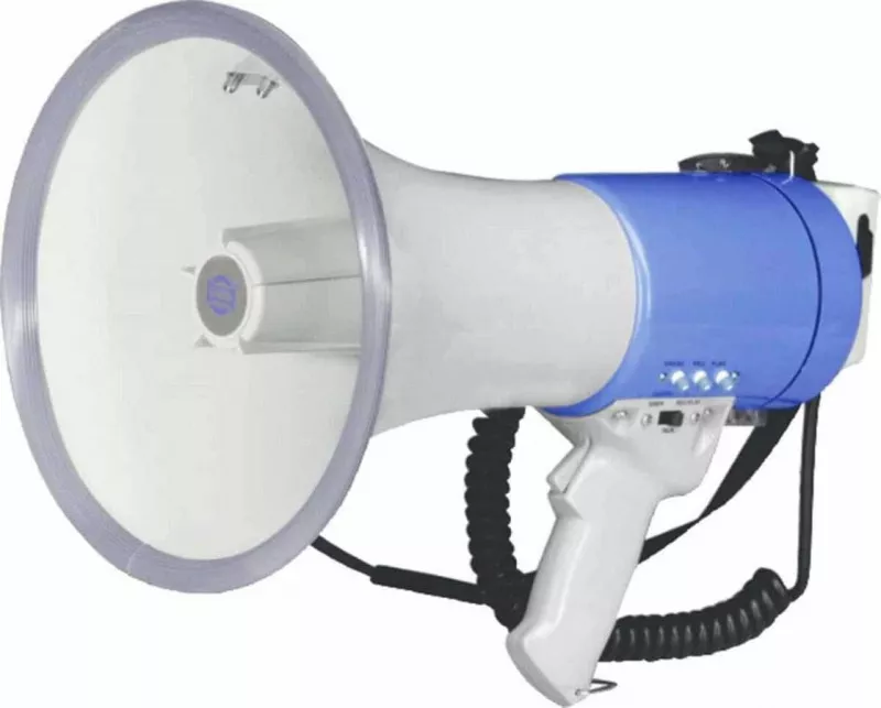 ER 66S ручной/наплечный мегафон с выносным микрофоном, 25 Вт, сирена, регулятор громкости, питание 12 вольт (8 батарей типа "С"), ABS пластик, цвет бежевый/коричневый, Ф230х340 мм, вес:1,65 кг, Work