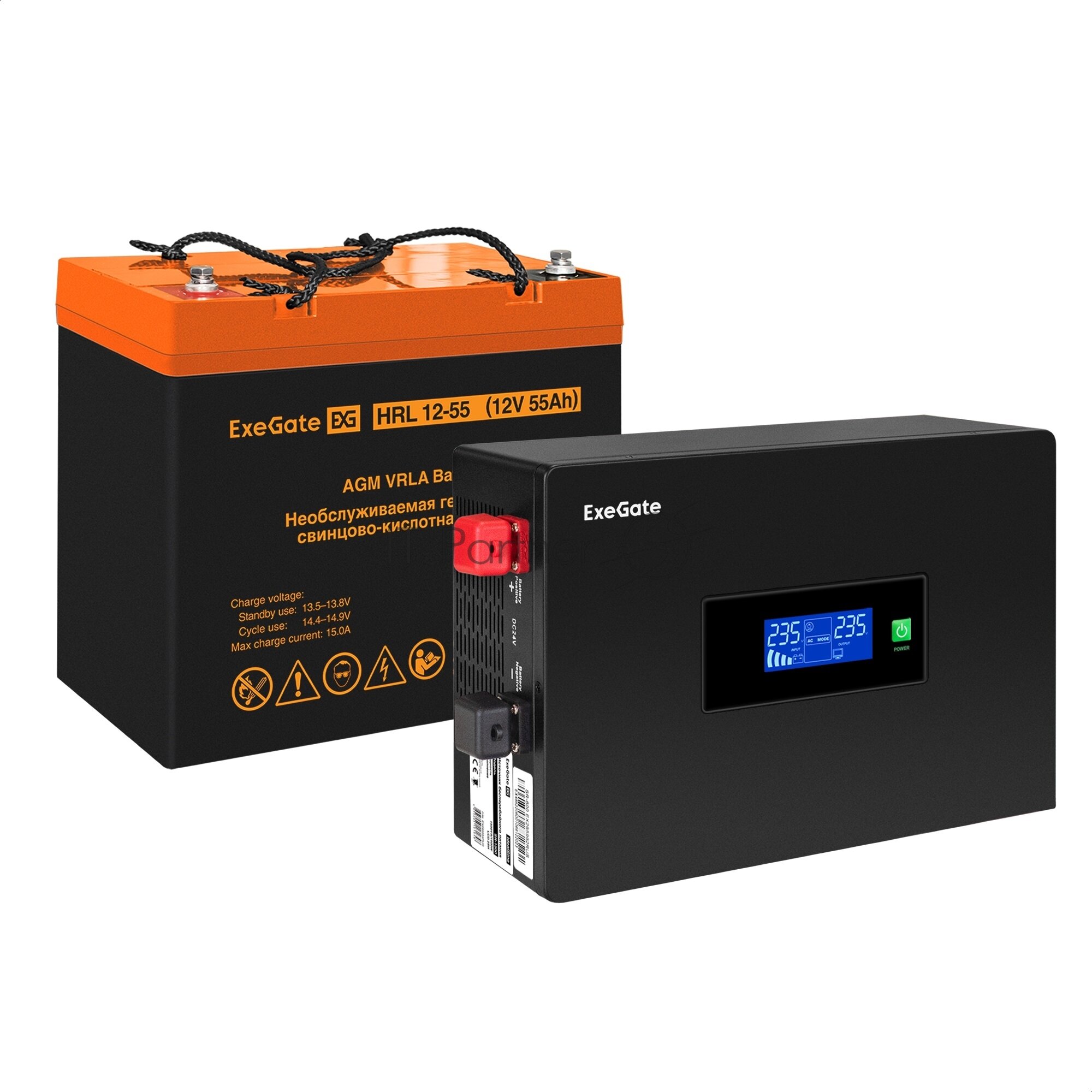 Комплект ИБП EX295993RUS + батарея 55Aч EX285652RUS 1шт (инвертор, синус, для котла, PF=1, настенный) ExeGate IdealSine SR-1000. LCD.2SH + батарея ExeGate HRL 12-5
