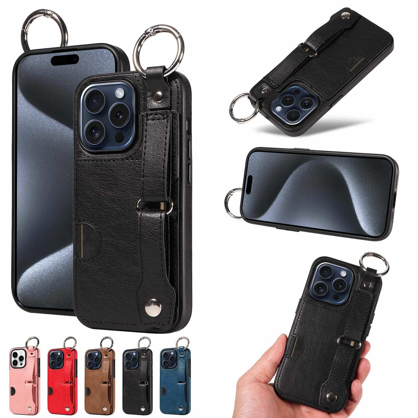 YIKATU Кожаный чехол для Apple iPhone 15 Pro (Эпл Айфон 15 Про) с регулируемым ремешком на запястье/кольцевой пряжкой/ Держатель карты