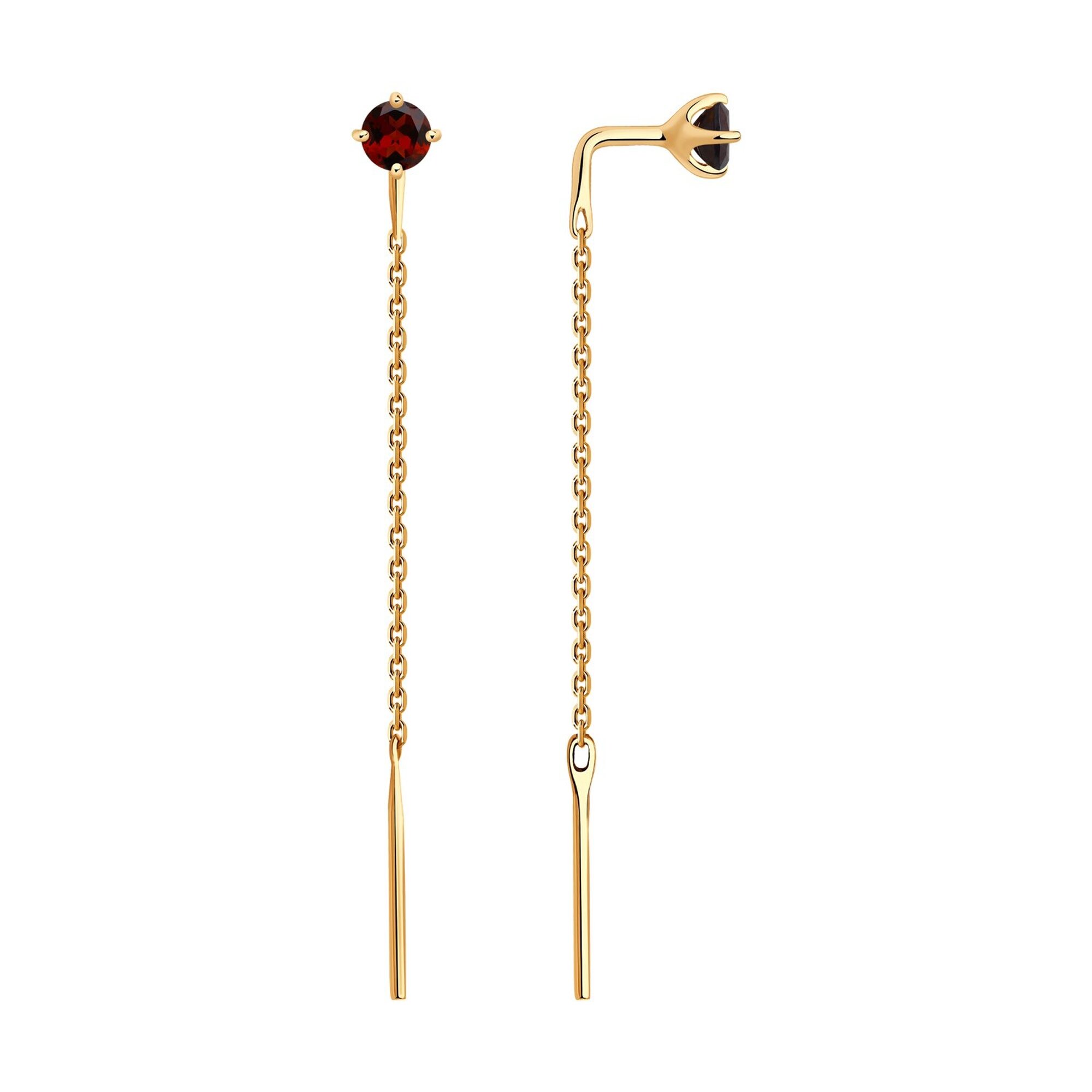 Серьги цепочки, красное золото, 585 проба, гранат