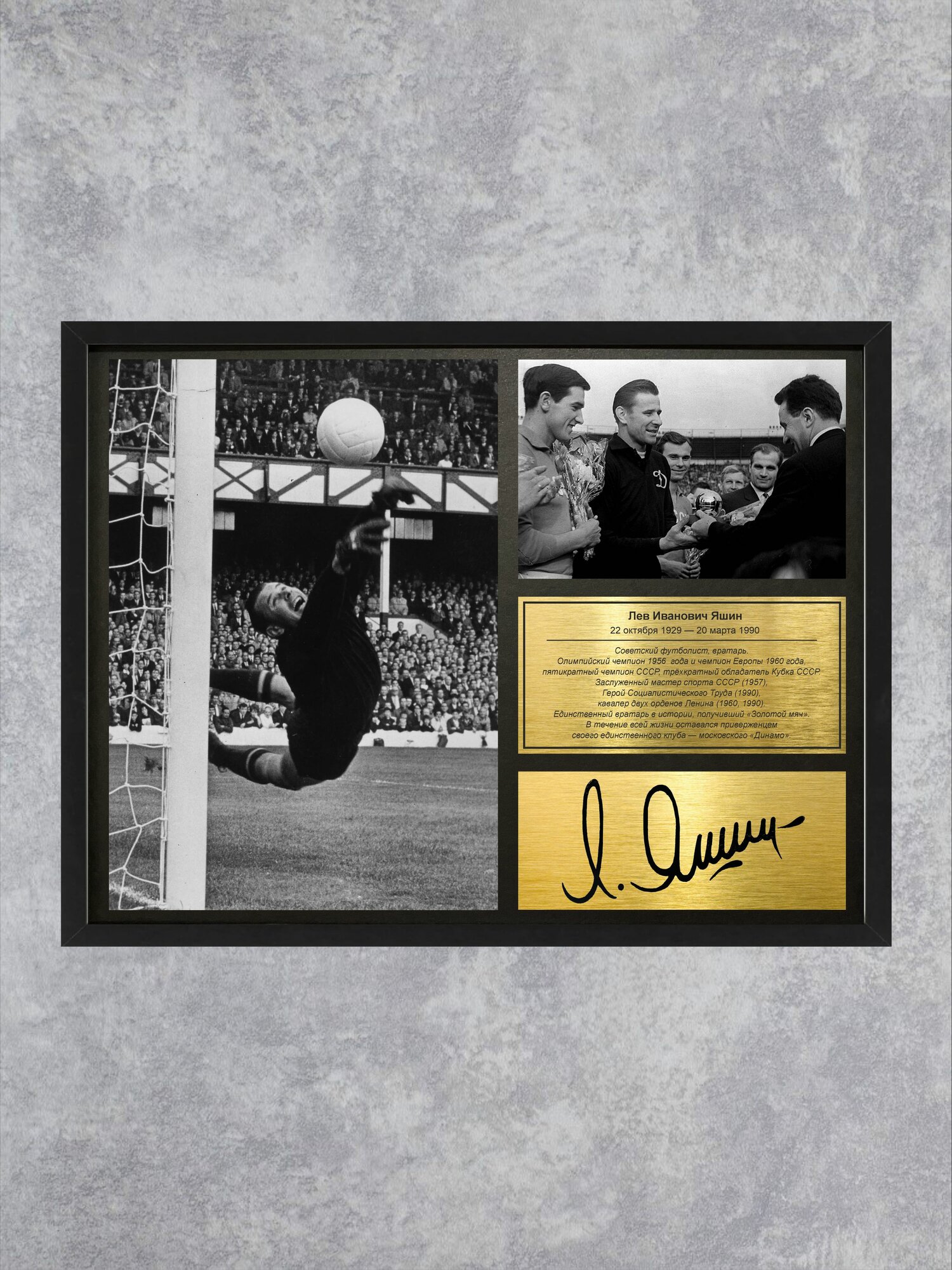 Золотистая картина с металлическими табличками Лев Яшин