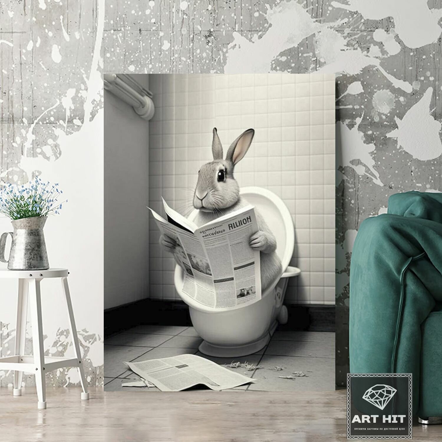 Картина в туалет, ванную комнату, Кролик, заяц читает газету