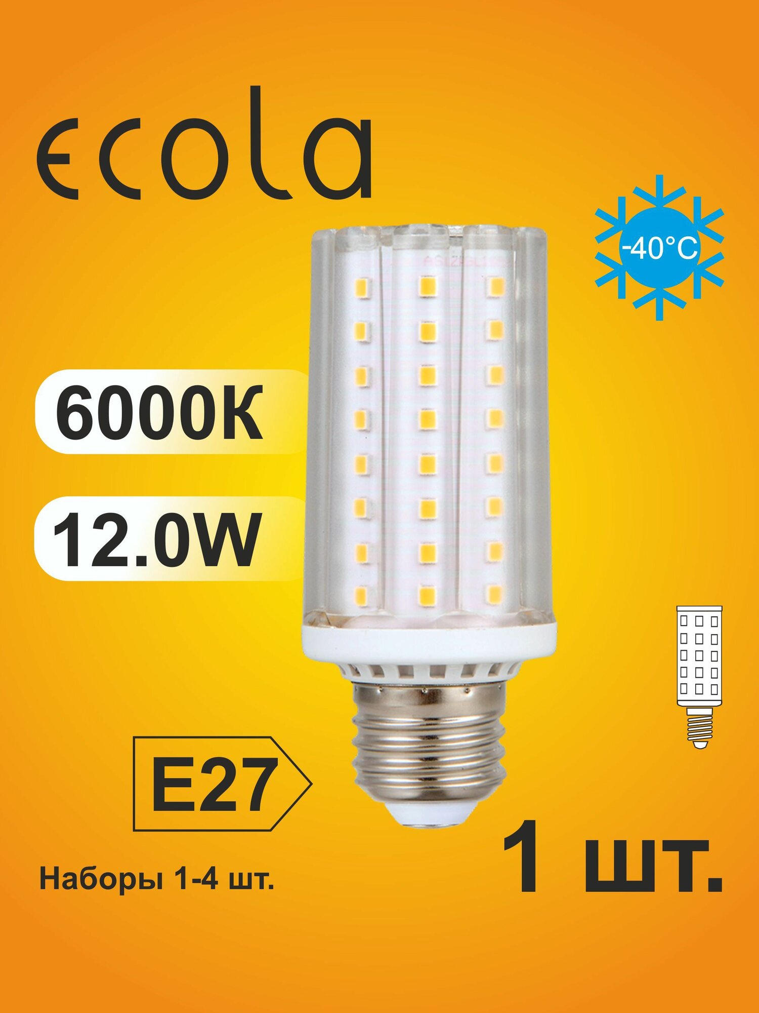Лампа Экола кукуруза E27, Ecola LED светодиодная 12.0W, 6000K яркий белый свет, 220V