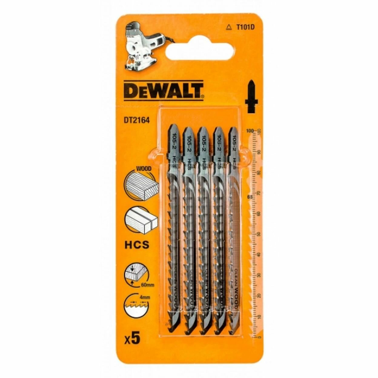 Пилка для лобзика по дереву из высокоуглеродистой стали DEWALT DT2164, HCS, 100 x 75 x 4.0 x 65 мм, T101D, 5 шт.