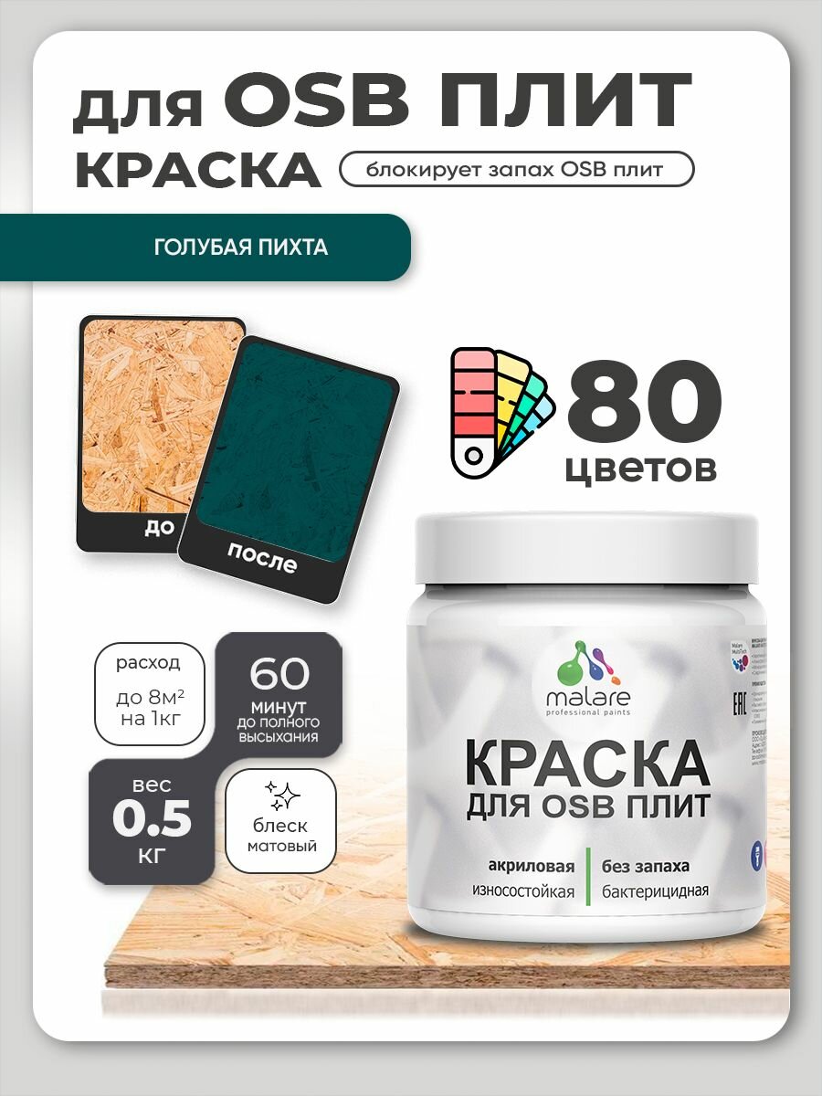 Акриловая краска для ОСБ плит Malare для дерева для наружных и внутренних работ, быстросохнущая без запаха матовая, голубая пихта, 0.5 кг