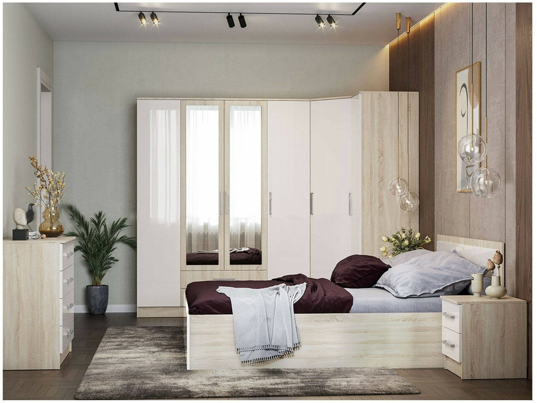 Модульная спальня, без матраса, композиция 1 (Белый глянец, Дуб Сонома)