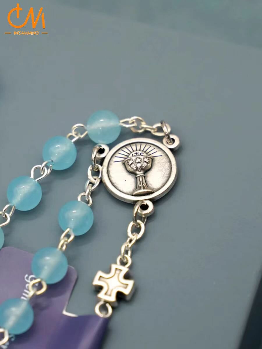 Светло-голубой халцедон Мадонна Чудесная роза розарий крест импортный