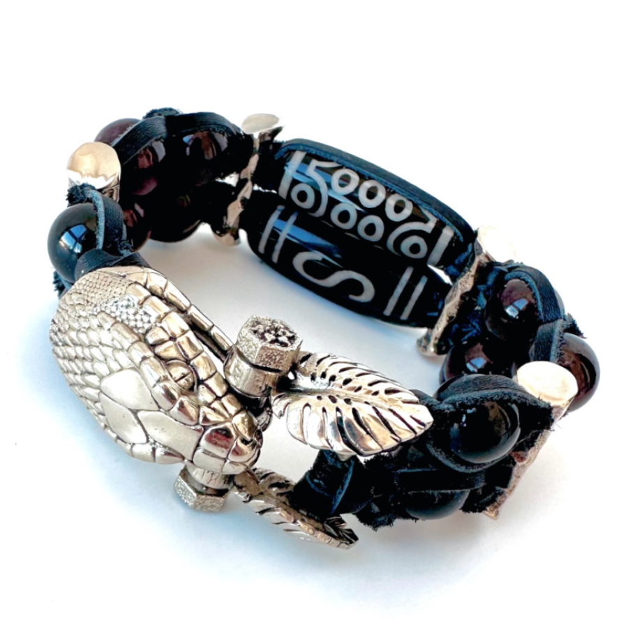 Плетеный браслет, кожа, турмалин черный, гранат