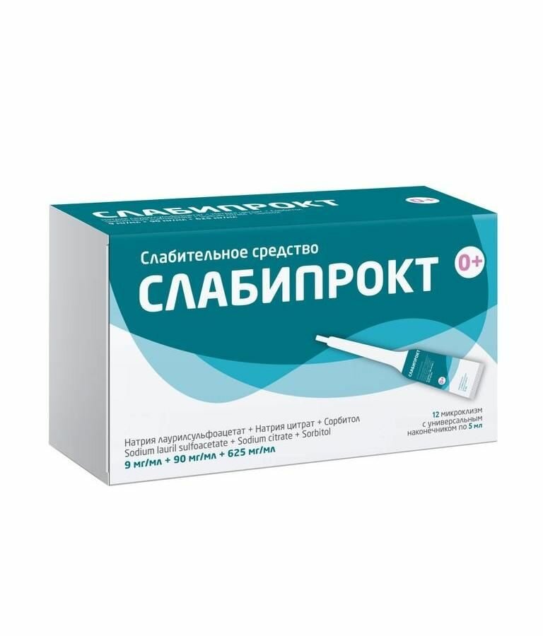 Слабипрокт, раствор ректальный 9 мг/мл +90 мг/мл +625 мг/мл микроклизмы 5 мл, 12 шт.