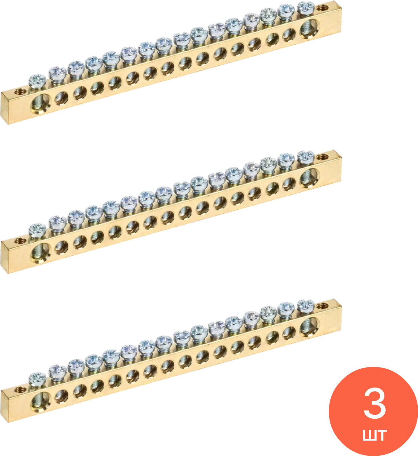 Шина IEK / ИЭК PEN земля-ноль 6х9мм 16/2, 16 групп/крепеж по краям, латунь, 114х6х9мм, 100А / соединитель проводов (комплект из 3 шт)