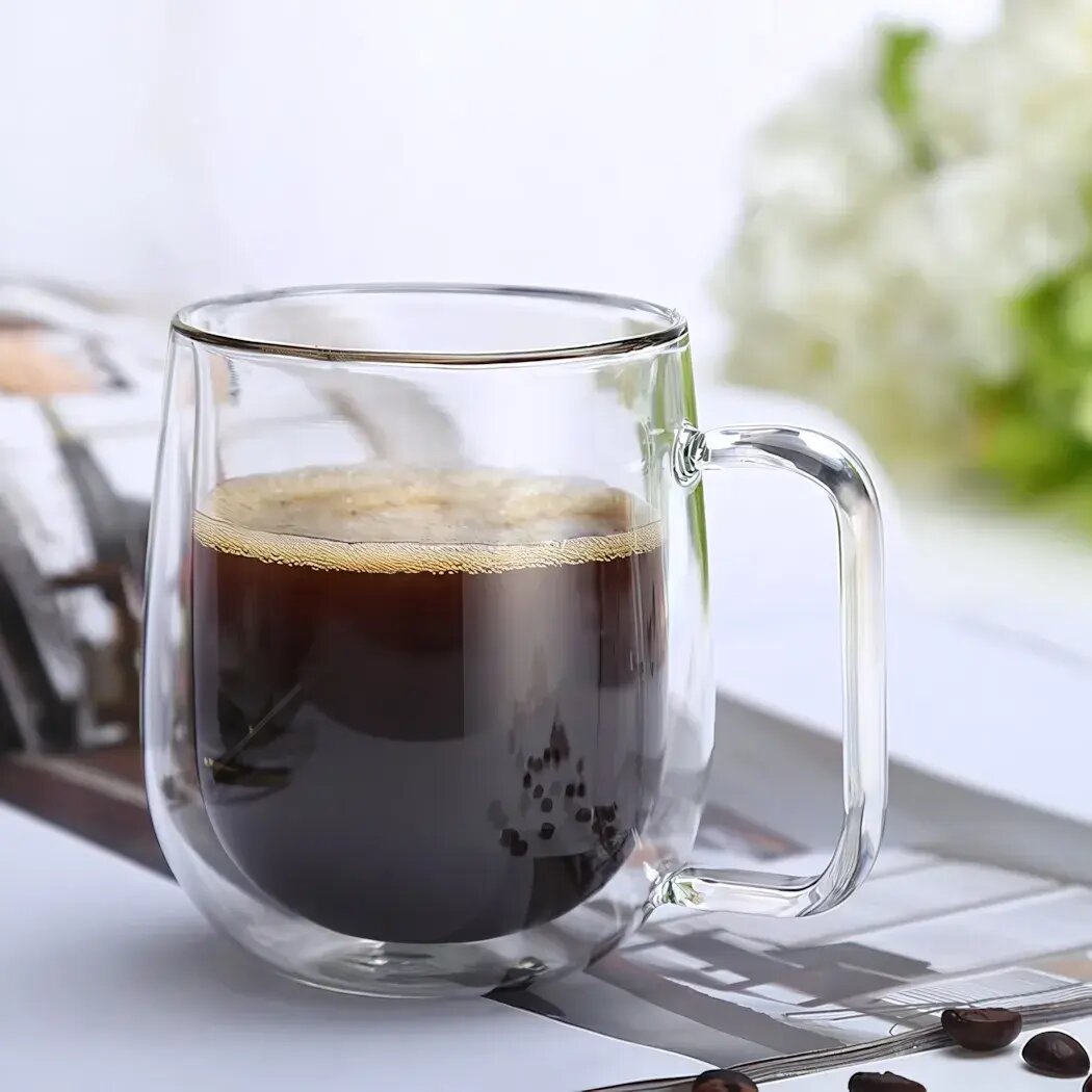 Кружка стеклянная с двойными стенками 350мл, удобная ручка, стильный дизайн