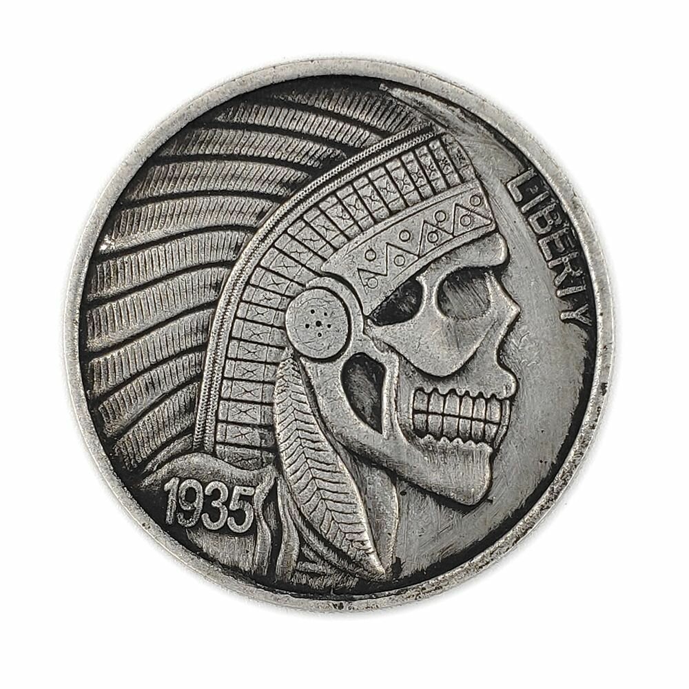 Памятная монета 1935 года с глубоким резным изображением индейского черепа – старинная медная коллекционная монета с изображением индейского головного убора, ретро-монета в готическом стиле со скелетом для антикварной коллекции и уникального декорати