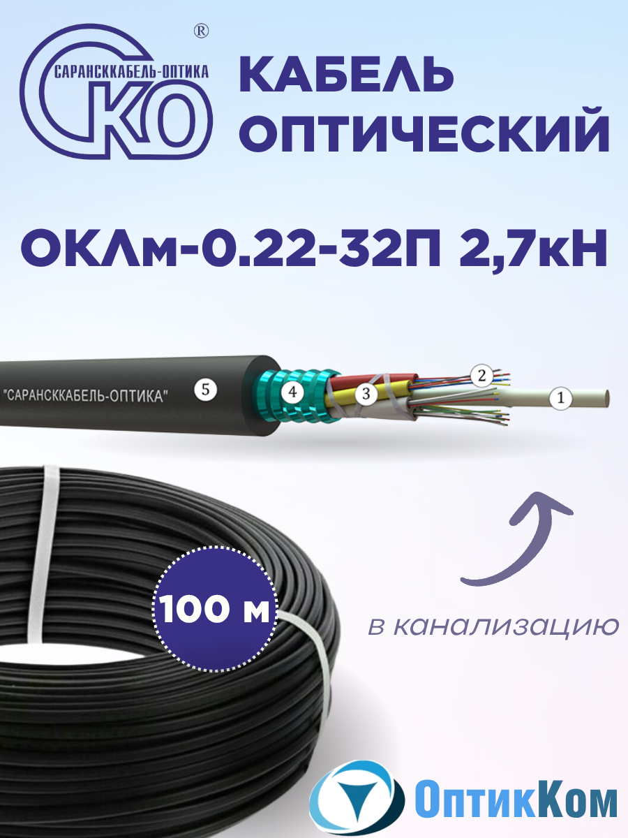 Кабель оптический Сарансккабель Оптика ОКЛм-0.22-32П 2,7кН, 32 волокна, с броней, для прокладки в канализацию, 100 м