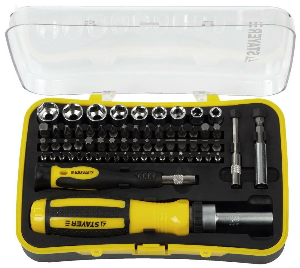 Реверсивная отвертка STAYER Compact-65 с насадками 65 предметов Cr-V 1/4" в кейсе 25310-H65