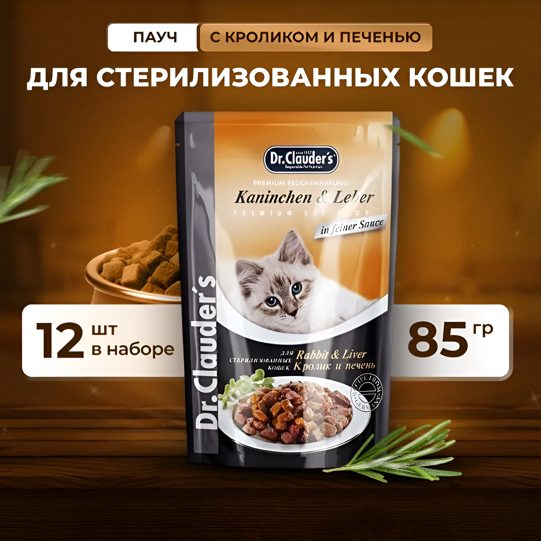 Dr. Clauder`s 85 г пауч для стерилизованных кошек с кроликом и печенью кусочки в соусе 1х12
