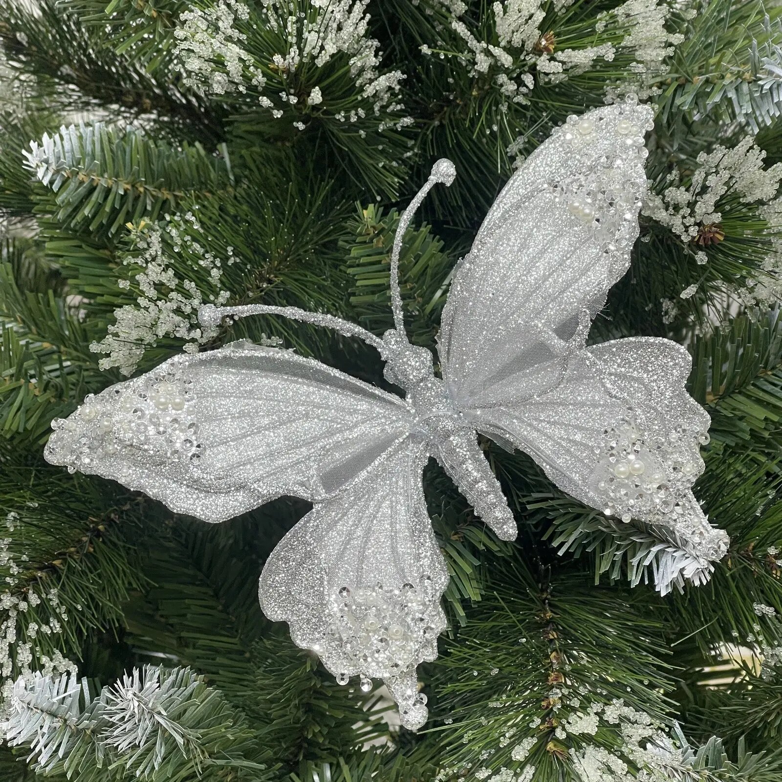 Украшение новогоднее "Бабочка - изящный полет" 24.5x9x17см, белый, текстиль, крепление с зажимом