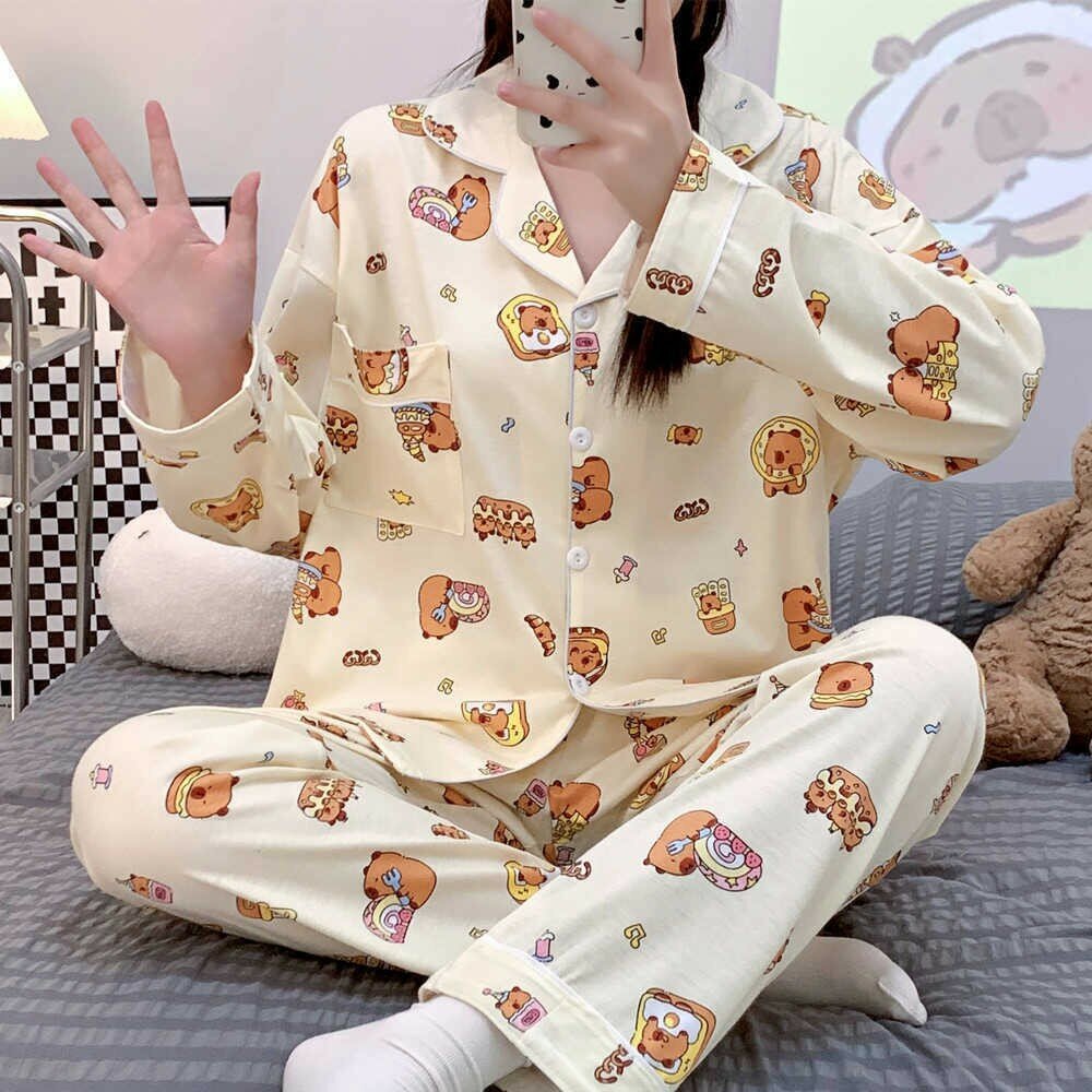 Милая женская пижама с милым мультяшным рисунком Капибары, весенне-осенняя, новая простая свободная домашняя одежда, комплект из двух предметов, размер: XL