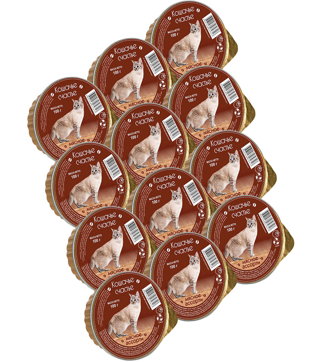 Корм влажный Кошачье Счастье для взрослых кошек, мясное ассорти, 100 г х 12 шт