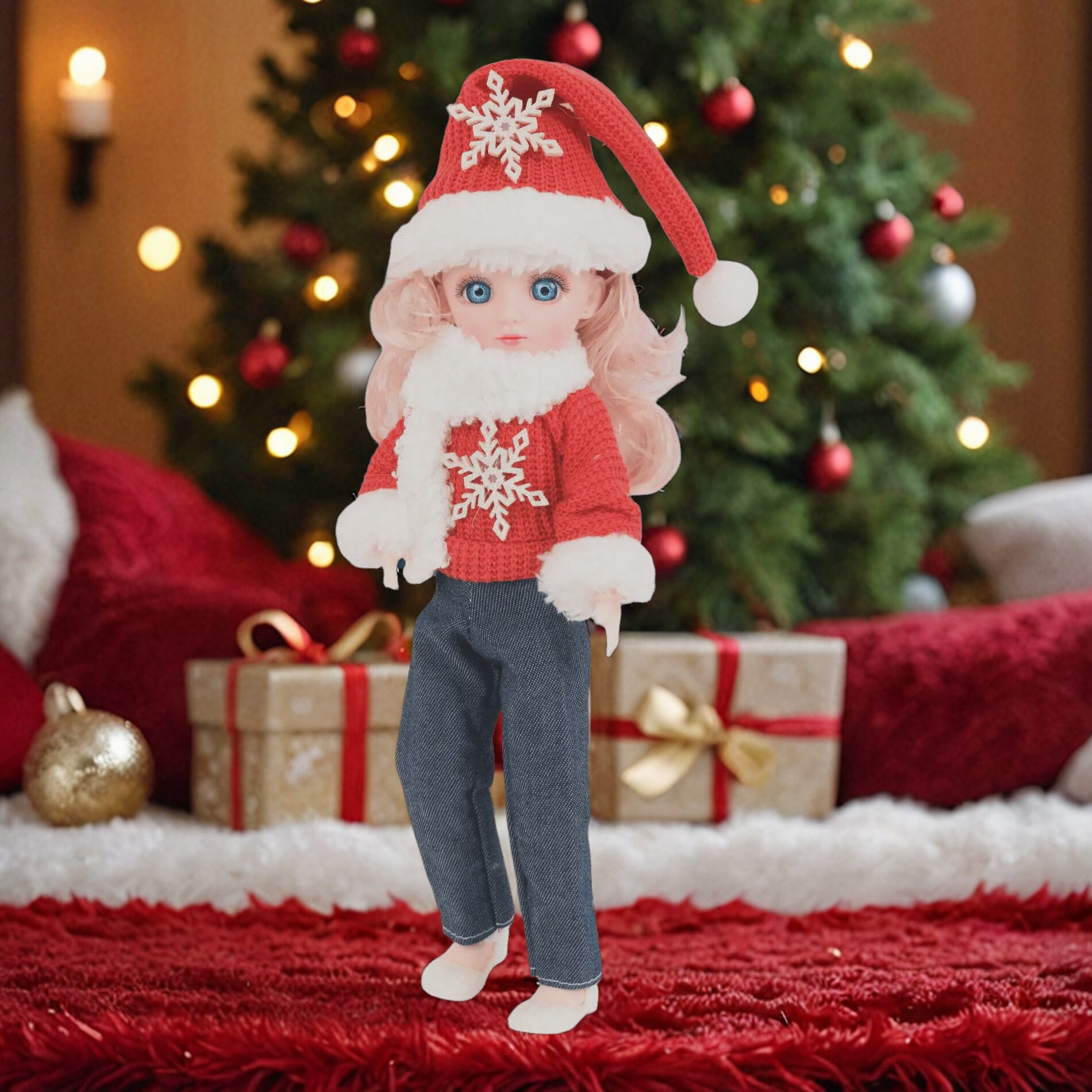 Кукла Miksik, авторская, 30см, шарнирная, в красном свитере с снежинкой, в подарочной упаковке