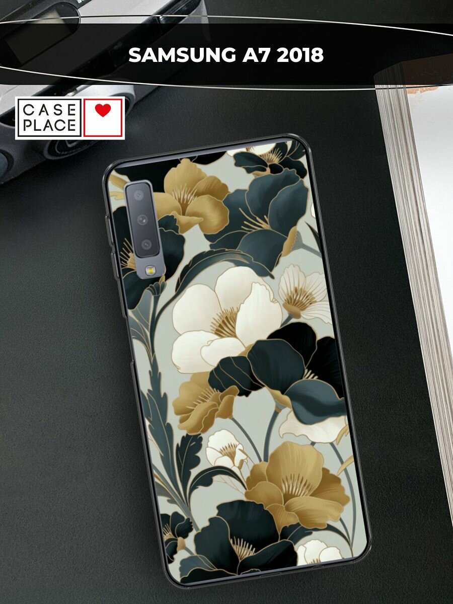Чехол на Samsung Galaxy A7 2018 / Самсунг Галакси А7 2018 с принтом Золотые и белые цветы