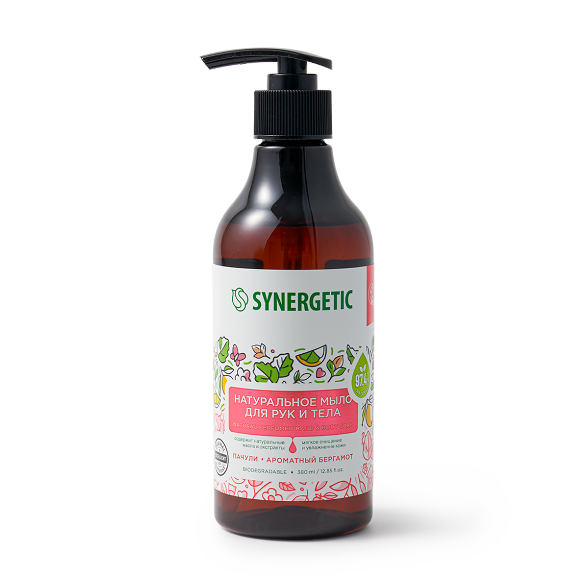 Жидкое мыло Synergetic "Пачули и Ароматный Бергамот", с дозатором, 380 мл