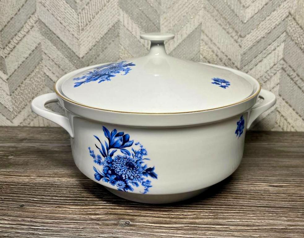 Винтажная супница Синие цветы, 3 литра. Фарфор Kahla ГДР, 1960-1990 гг. СССР