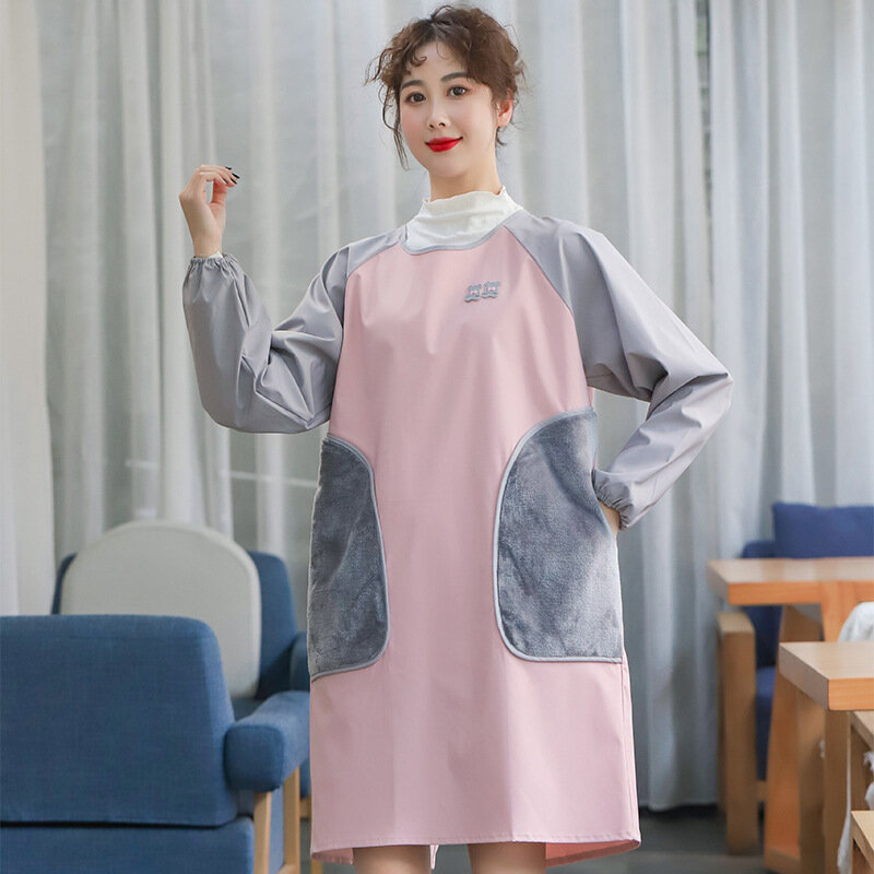 Длинный рукав фартук для домашней кухни, водонепроницаемый и маслостойкий, женская мода 2025, новый стиль, кухонный халат, милый корейский стиль рабочей одежды