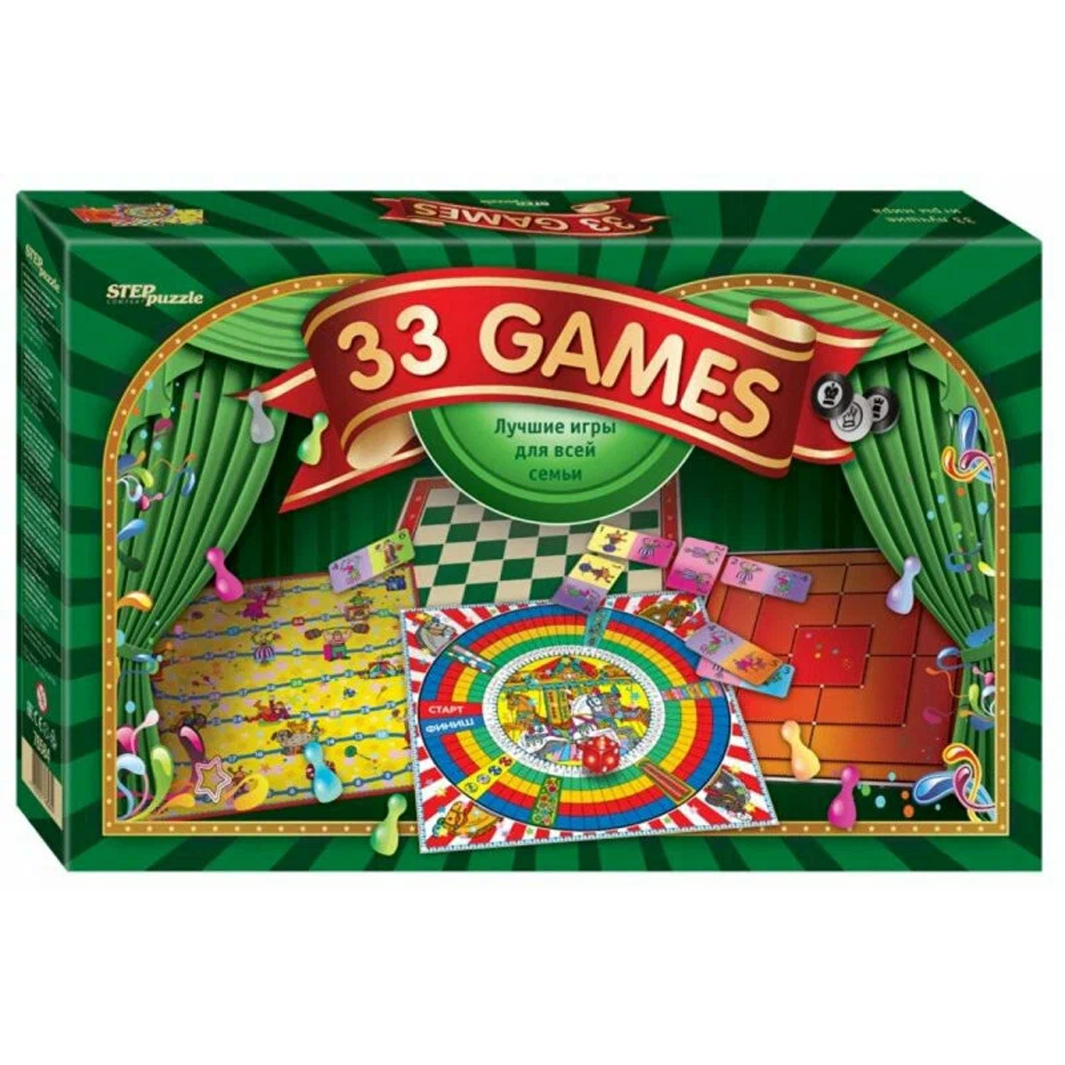 Настольная игра Step Puzzle "33 лучшие игры мира", 33 игры, двусторонние игровые поля, 32 фишки