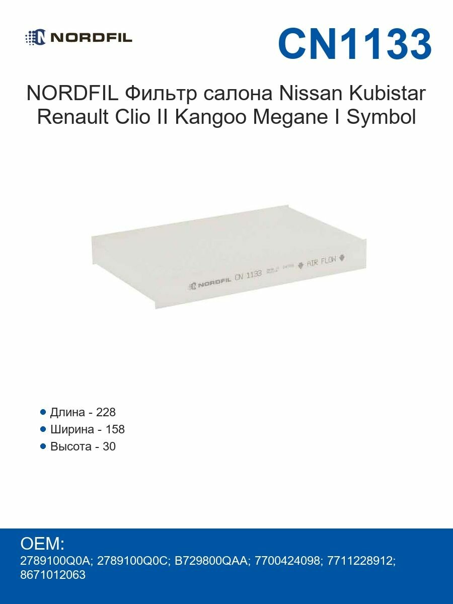NORDFIL Фильтр салона Nissan Kubistar Renault Clio II Kangoo Megane I Symbol