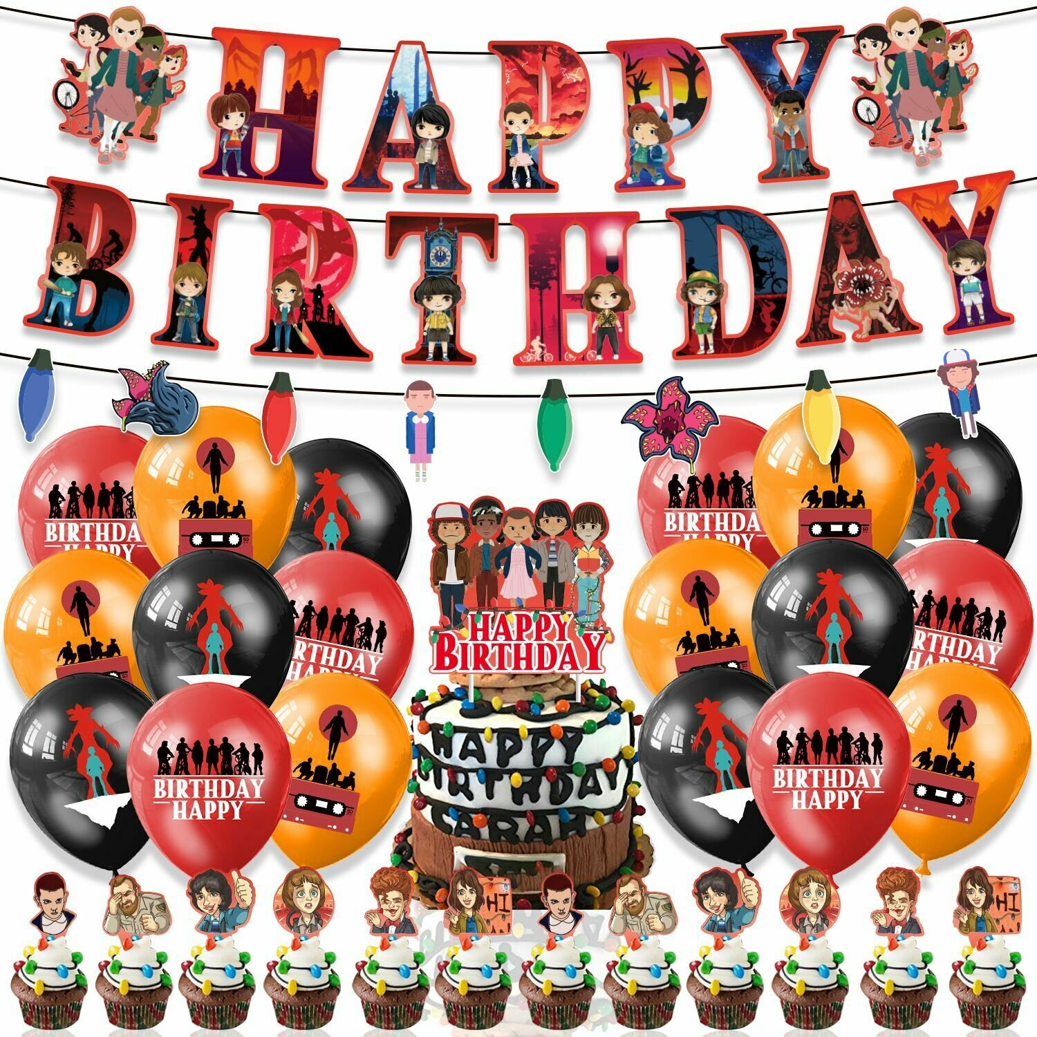 Набор для детского дня рождения Очень Странные Дела (Stranger Things), гирлянда-растяжка, флажки, шарики, украшения для торта, тематические